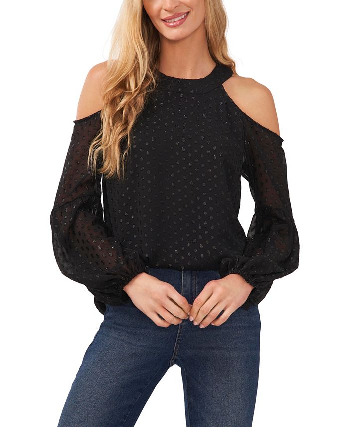Cece Womens Lurex Clip Dot Cold Shoulder Blouse Macys