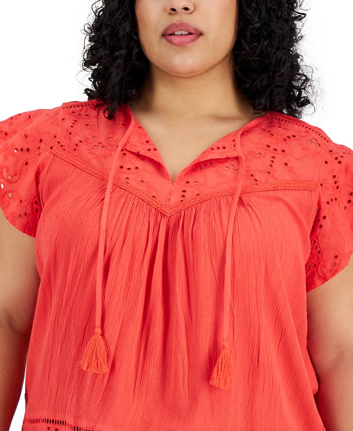 Style & Co Plus Size Eyelet Split-Neck Blouse, Created for Macy's - Macy's