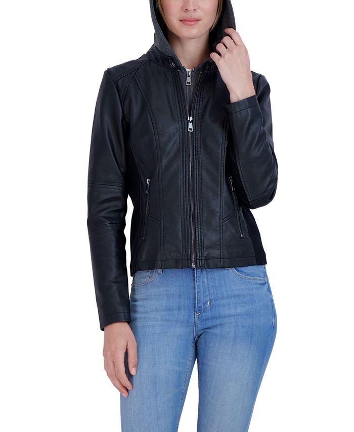 Sebby Collection Women's Hooded Faux Leather Biker Jacket & Reviews ...