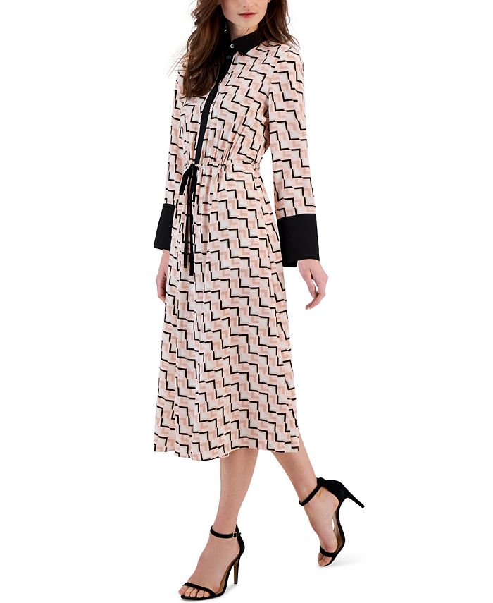 Anne Klein Women's Printed Drawstring Long-Sleeve Dress, Created for ...