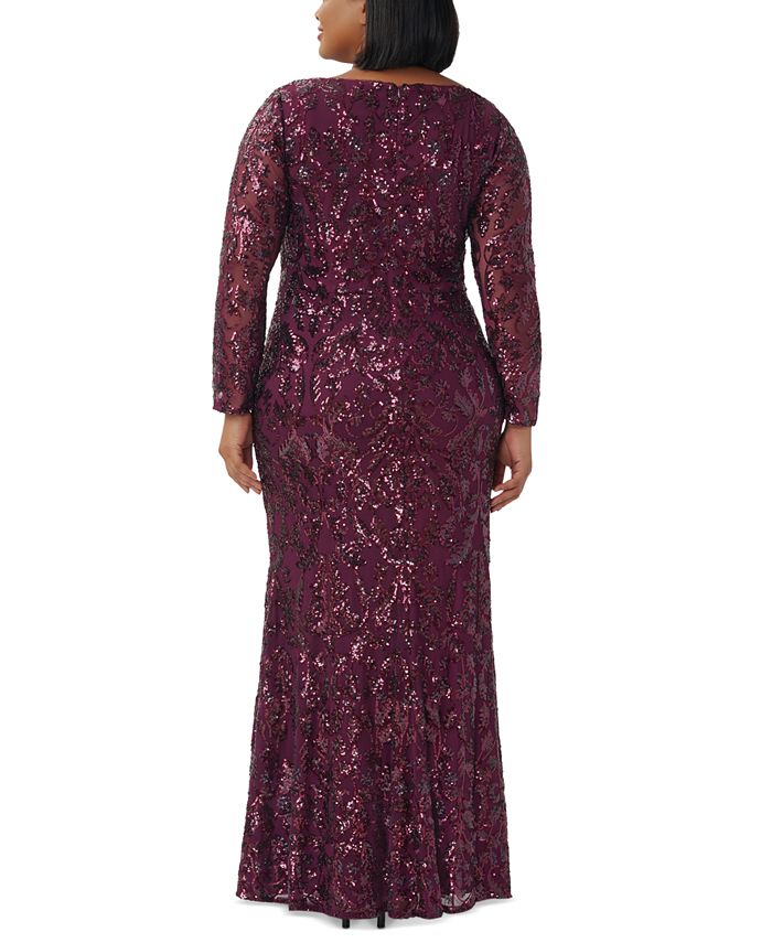 Adrianna Papell Plus Size Sequined Long-Sleeve V-Neck Gown - Macy's