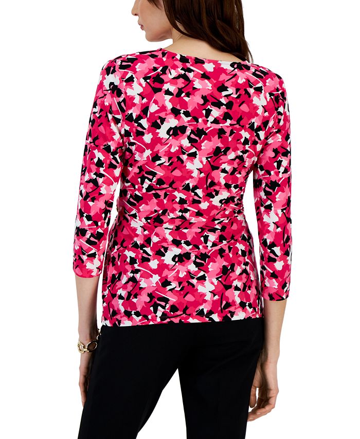 Kasper Printed 3/4-Sleeve Wrap Buckle Blouse - Macy's