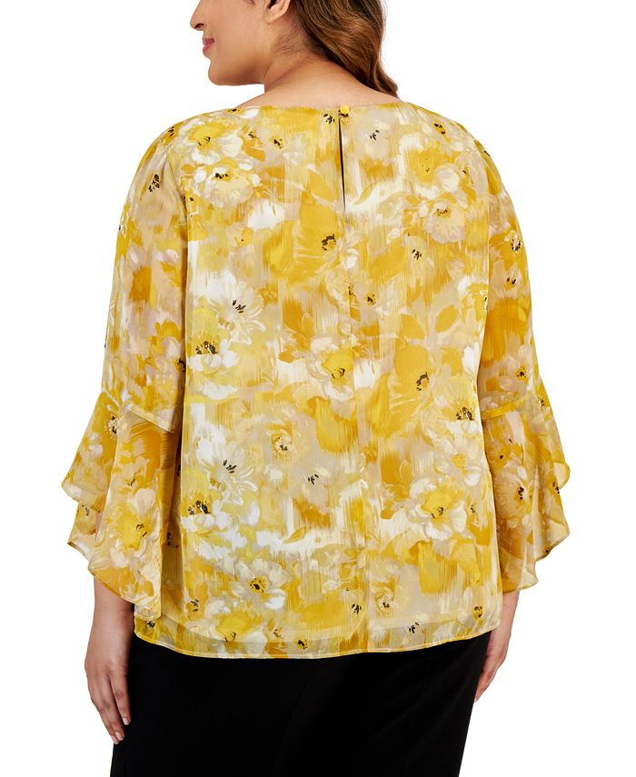 Kasper Plus Size Floral-Print Ruffle-3/4-Sleeve Top & Reviews - Tops ...