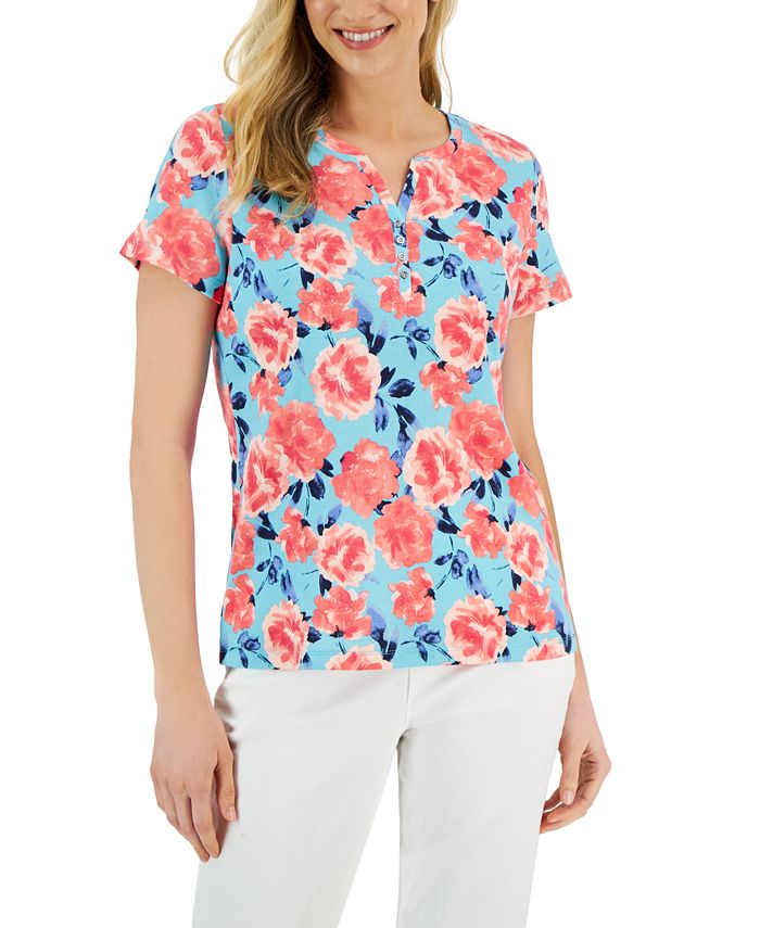 Karen Scott Women's Printed Short-Sleeve Henley Top, Created for Macy's ...
