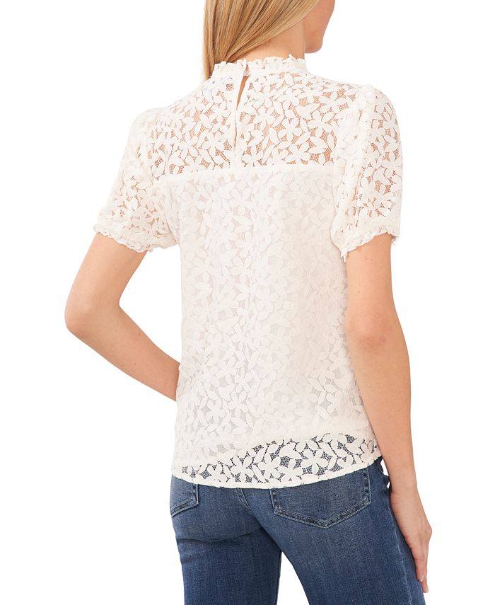 CeCe Women's Lace Ruffled-Neck Short Puff-Sleeve Blouse - Macy's