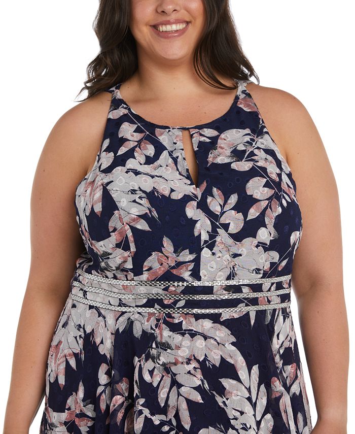 R And M Richards Plus Size Embellished Floral Print High Low Gown