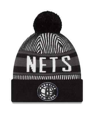 Men's New Era Black Brooklyn Nets Striped Cuffed Pom Knit Hat - Macy's