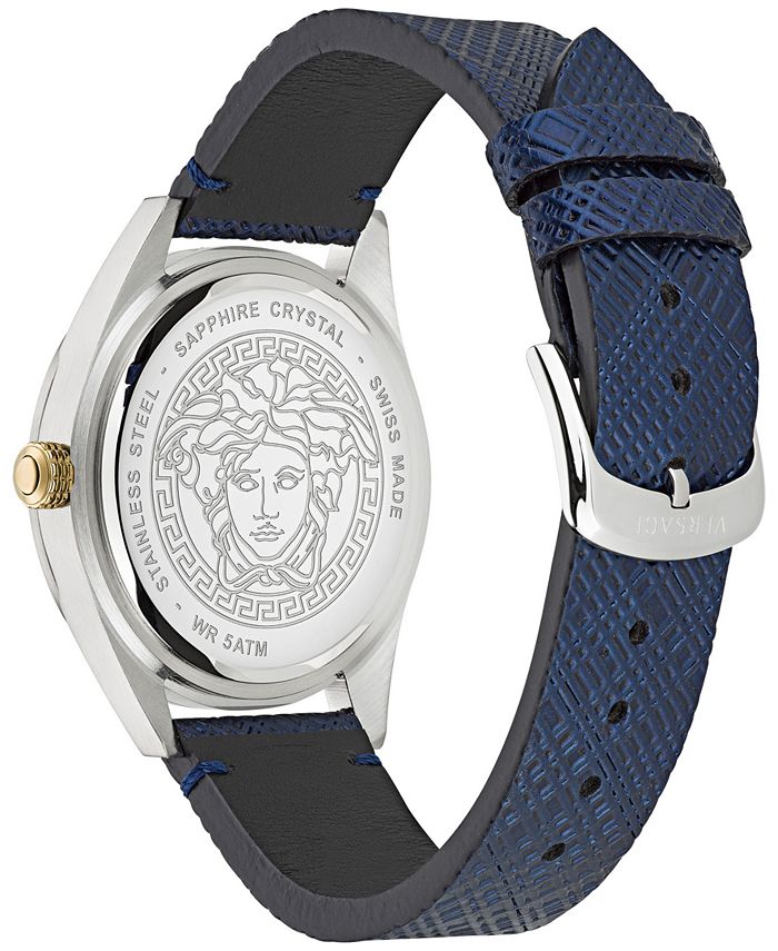 Versace Men's Swiss V-Code Blue Leather Strap Watch 42mm - Macy's