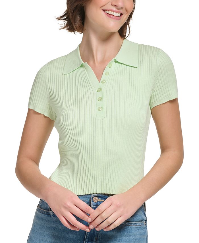 Calvin Klein Jeans Women's Ribbed Quarter-Button Polo Shirt & Reviews ...