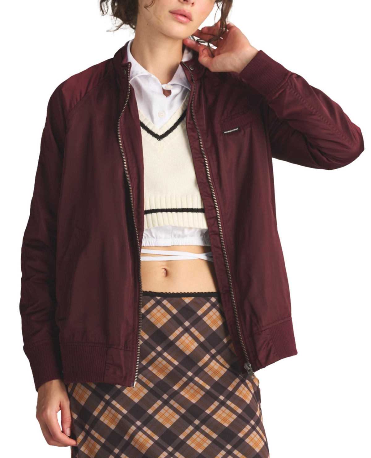 Click here for Womens Satin Bomber Jacket - Burgundy prices
