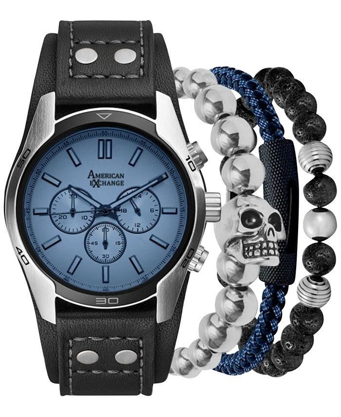 American Exchange Men's Black Strap Watch 45mm Gift Set - Macy's