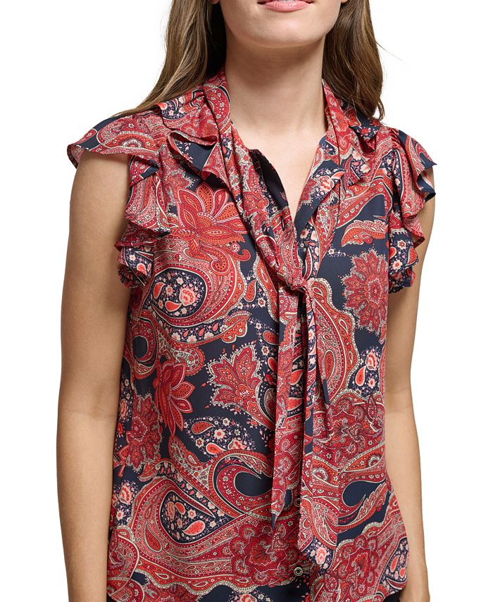 Tommy Hilfiger Women's Paisley-Print Tie-Neck Ruffle Top - Macy's
