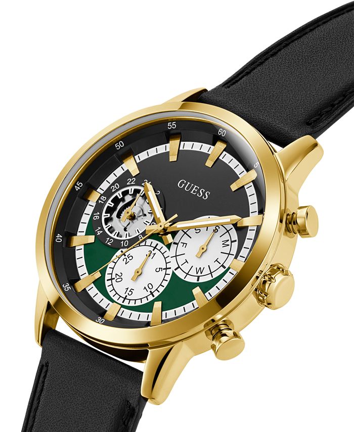 GUESS Men's Multifunction Black Leather Watch 44mm - Macy's