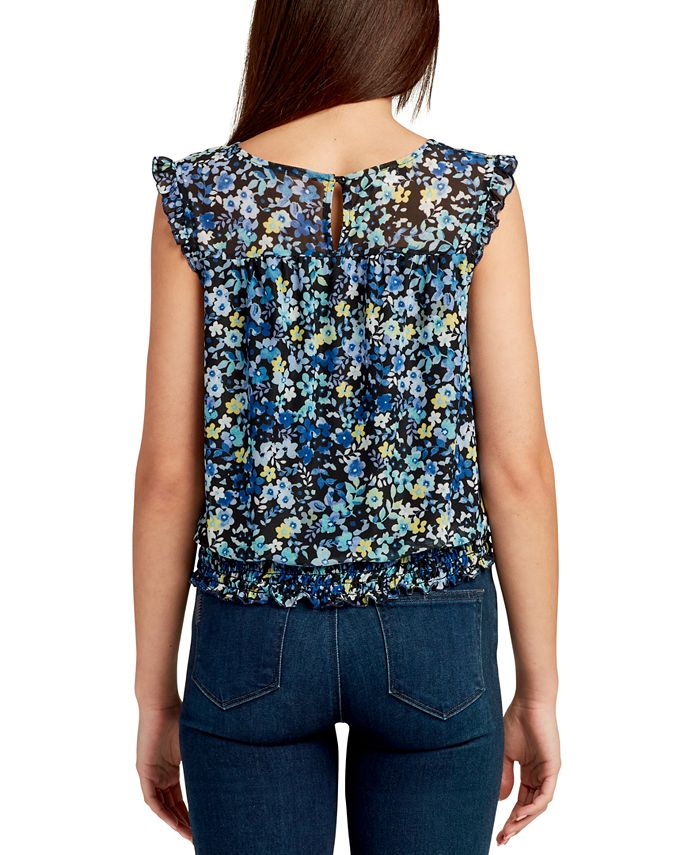 BCX Juniors' Floral-Print Ruffle-Sleeve Smocked-Bottom Top - Macy's