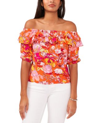 Sam & Jess Petite Ruffled Floral-Print Off-The-Sleeve Top - Macy's