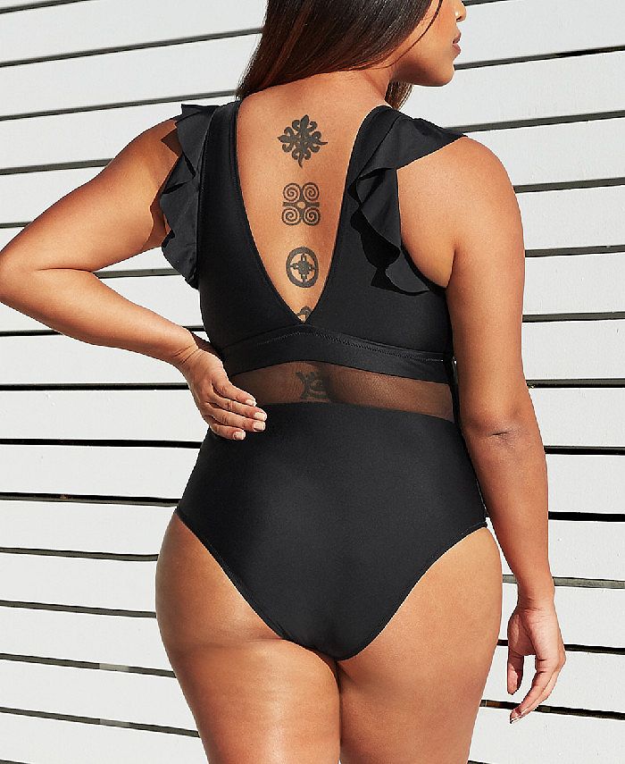 Cupshe Womens Ruffle Plunge V Neck Plus Size One Piece Swimsuit