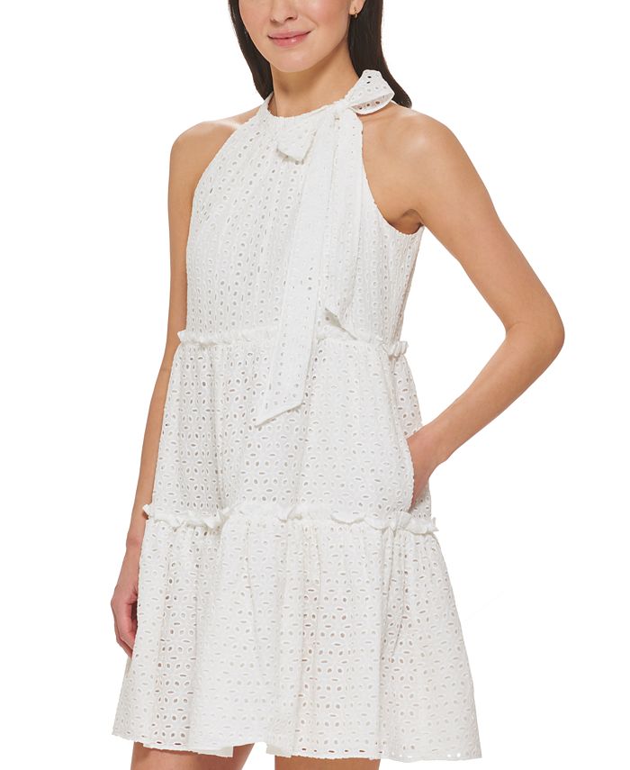 Vince Camuto Women's Eyelet Bow-Neck Eyelet Ruffled Tiered Dress - Macy's