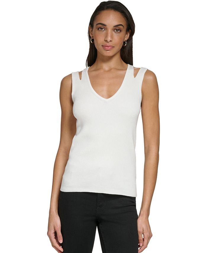 Calvin Klein Women's Cut-Out-Shoulder Ribbed V-Neck Top - Macy's