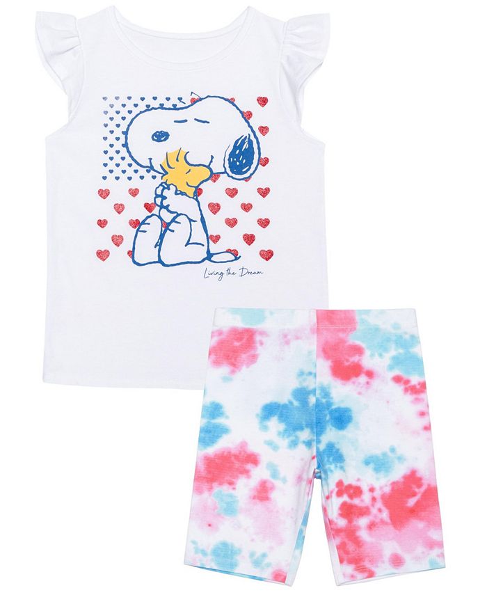 Peanuts Little Girls Ruffle Sleeve T-shirt and Snoopy Americana Elastic Waist Shorts, 2 Piece ...