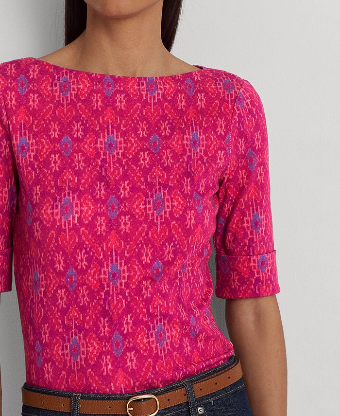 Lauren Ralph Lauren Womens Geo Print Stretch Cotton Boatneck Top Macys