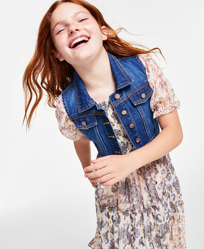 Rare Editions Big Girls Denim Vest Tiered Dress Set - Macy's