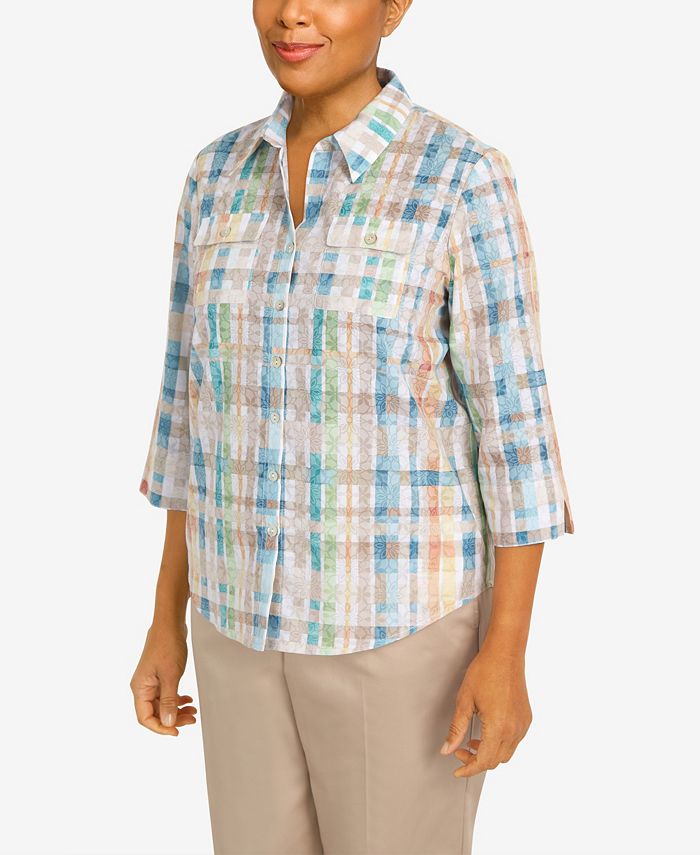 Alfred Dunner Petite Coconut Grove Plaid Burnout Button Down 3/4 Sleeve ...
