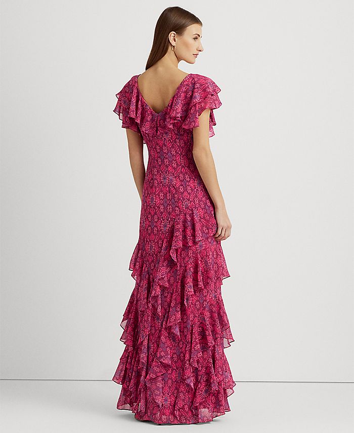 Lauren Ralph Lauren Women's Geo-Print Ruffle-Trim Georgette Gown - Macy's
