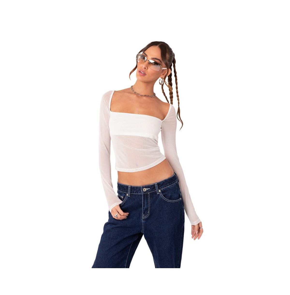 Click here for Womens Long Sleeve Square Neck Mesh Top - White prices