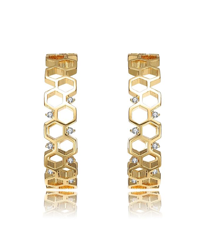 Rachel Glauber 14k Gold Plated Clear Round Cubic Zirconia Open Hoop