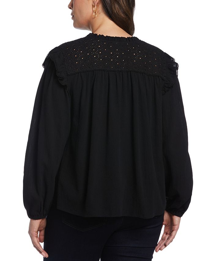 ELLA Rafaella Plus Size Eyelet Yoke Ruffle Gauze Long Sleeve Blouse ...