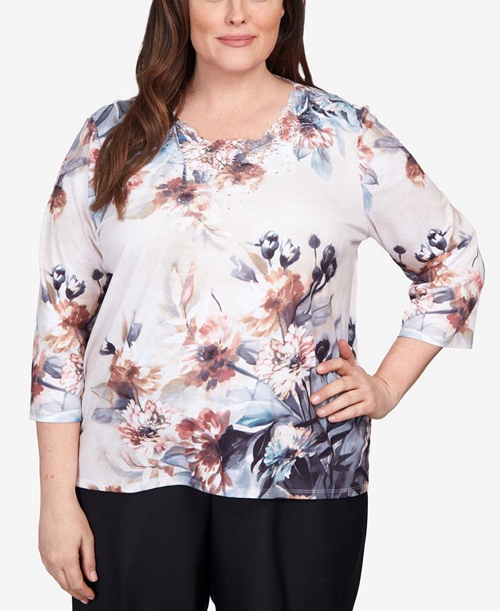 Alfred Dunner Plus Size Classics Asymmetric Floral Lace Neck Top - Macy's