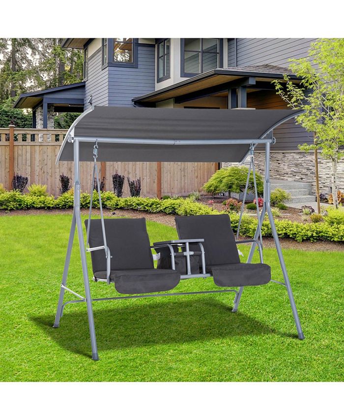 Outsunny 2 Person Porch Covered Swing Outdoor with Canopy, Table and ...