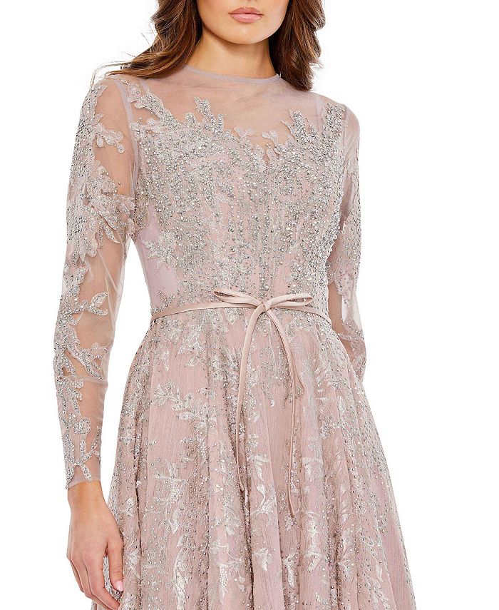 Mac Duggal Women's Embellished Bow Belt Illusion Long Sleeve A Line Dress - Macy's