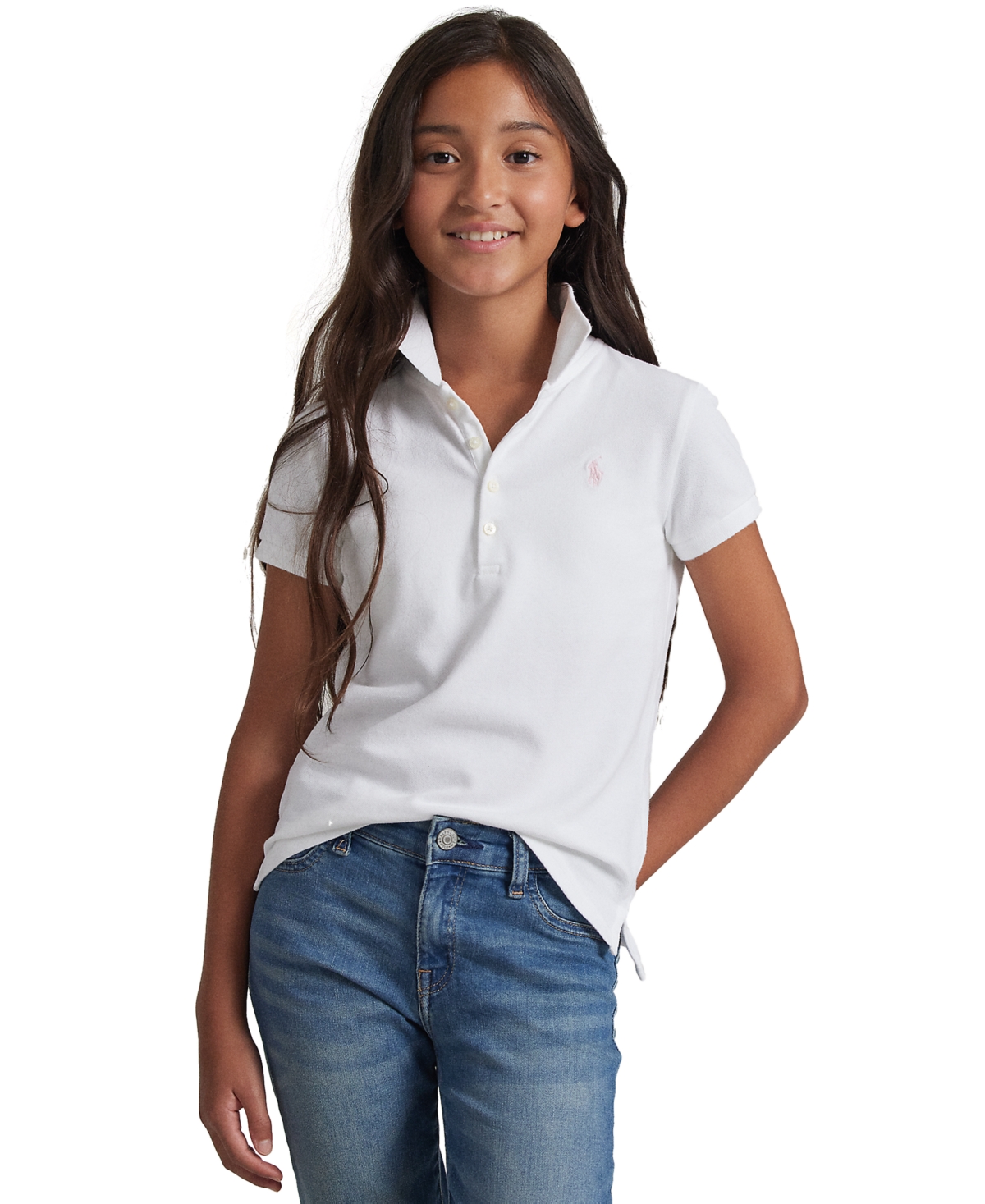 Click here for Big Girls Stretch Cotton Mesh Polo Shirt - White prices