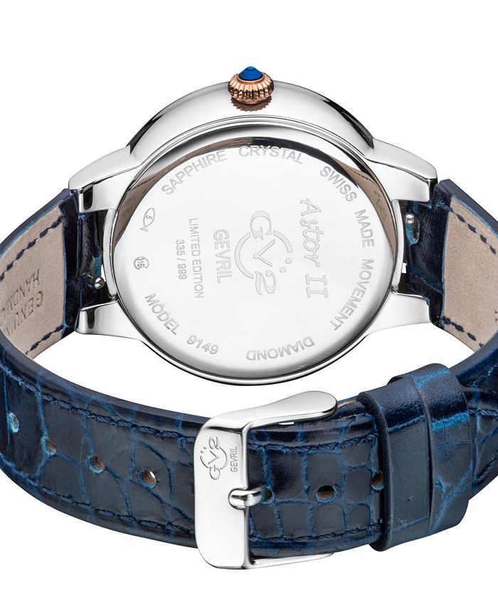 GV2 by Gevril Women's Astor II Swiss Quartz Blue Leather Watch 36mm ...