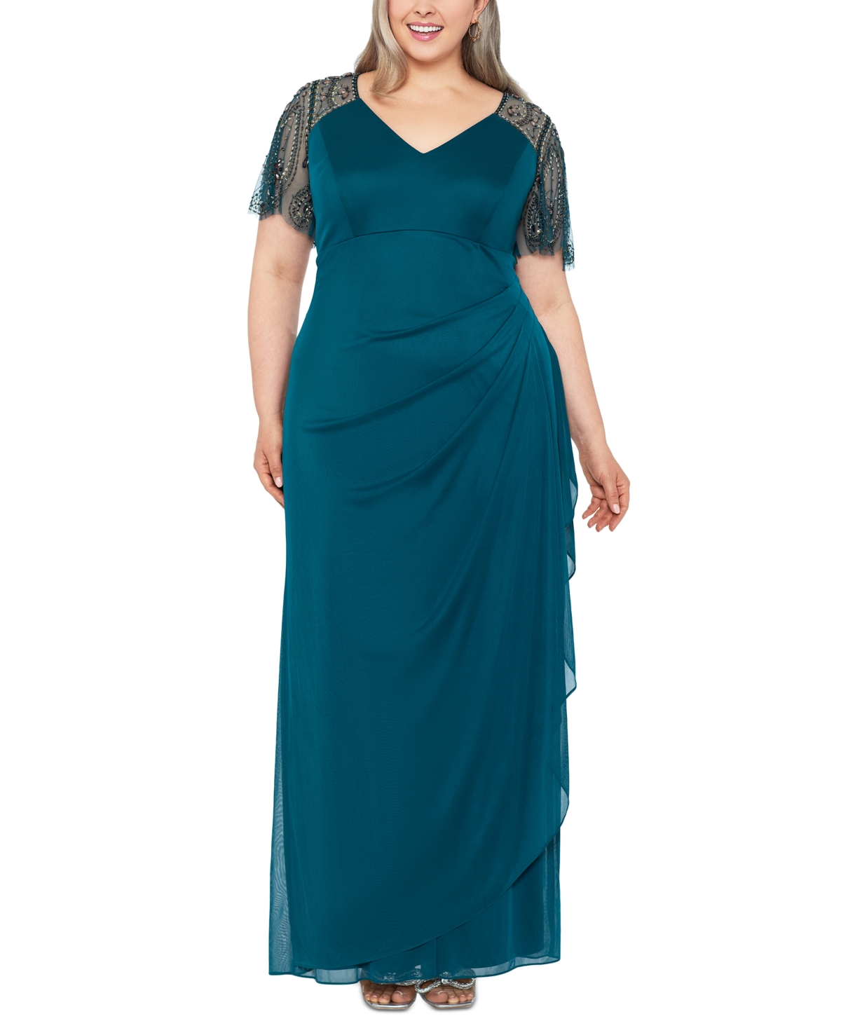 Xscape Plus Size Embellished Sheer Matte Jersey Gown - Neo Emerald