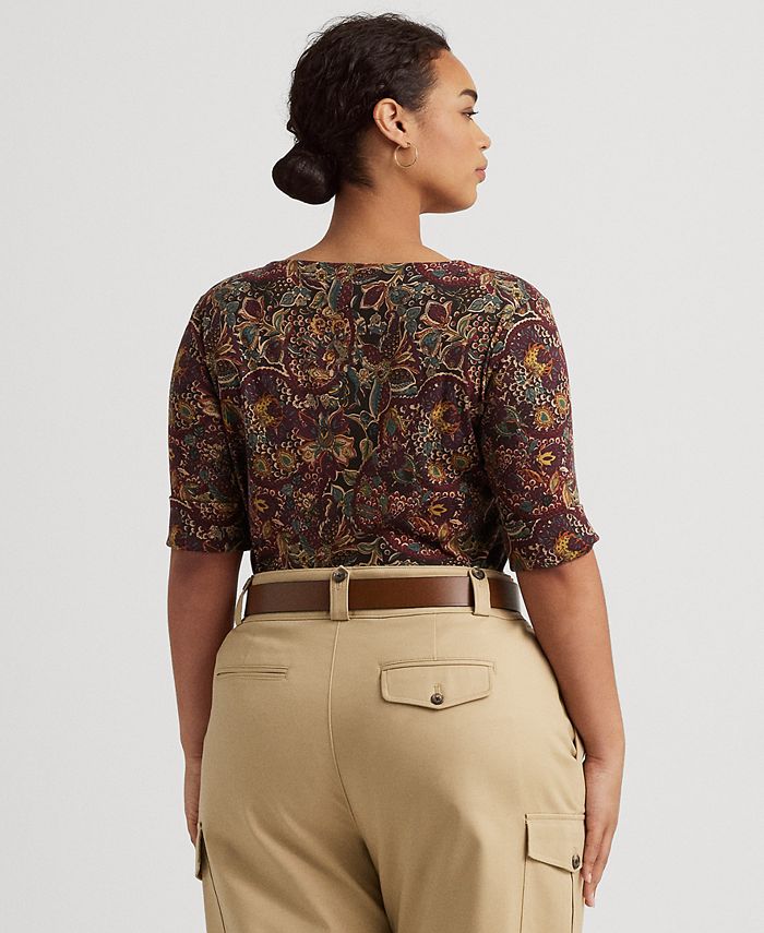 Lauren Ralph Lauren Plus Size Boat-Neck Elbow-Sleeve Tee - Macy's
