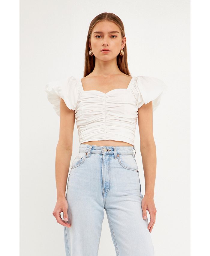 endless rose Women's Shirring Detail Puff Sleeve Cropped Top - Macy's
