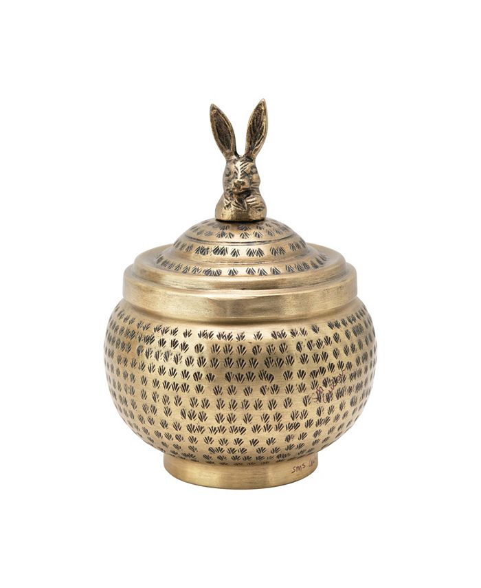 Storied Home Round Hammered Metal Container with Rabbit Finial, Brass ...