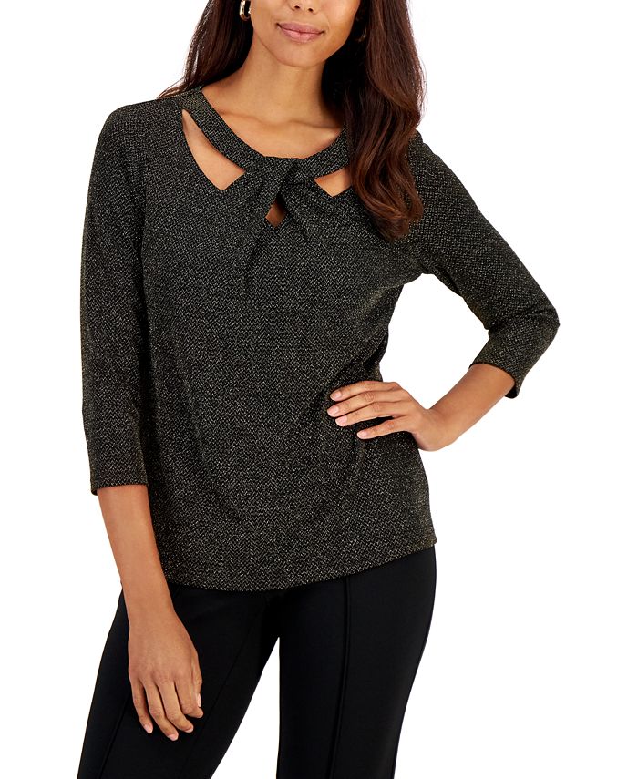 Kasper Womens 3 4 Sleeve Twist Neck Metallic Top Macys