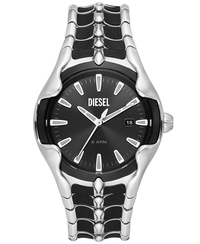 Diesel Men's Vert Quartz Three Hand Date Black Leather and Silver-Tone ...