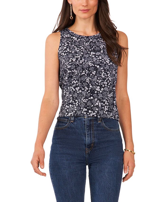 Vince Camuto Women's Printed Crewneck Split Back Keyhole Tank Top - Macy's