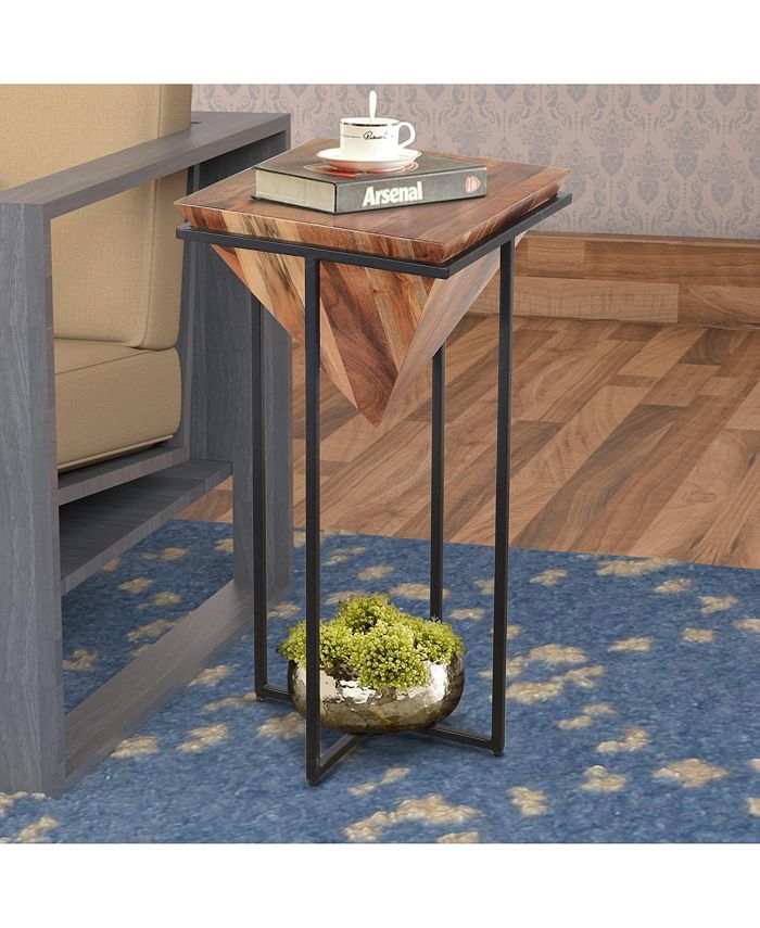 Simplie Fun 30 Inch Pyramid Shape Wooden Side Table With Cross Metal ...
