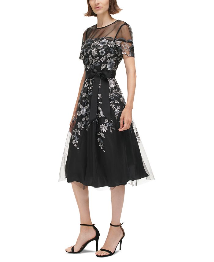 Eliza J Women's Illusion-Neck Embroidered Mesh Dress - Macy's