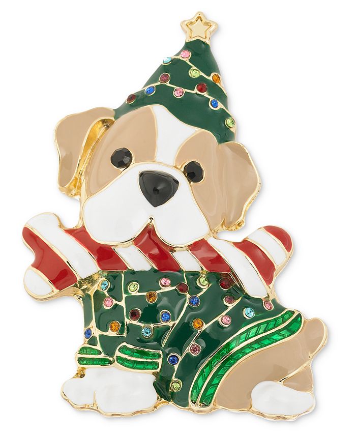 Holiday Lane Gold-Tone Multicolor Pavé Dog & Bone Pin, Created for Macy ...