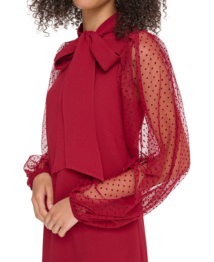 Vince Camuto Petite Tie-Neck Flocked Mesh-Sleeve Dress - Macy's