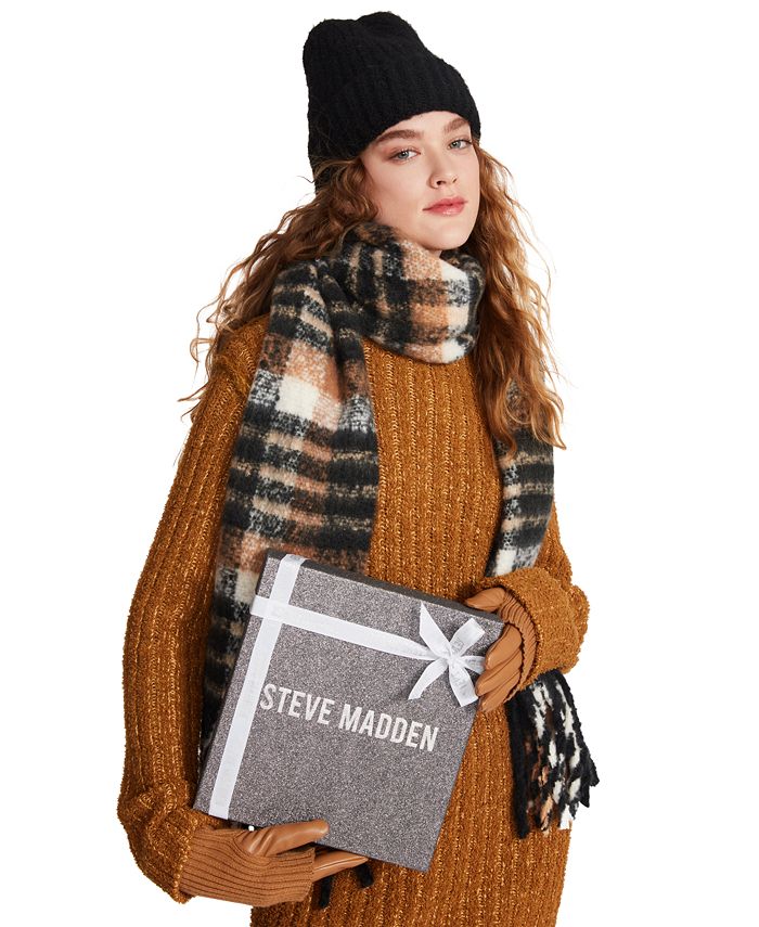 Steve Madden Women's Brushed Plaid Scarf & Beanie Boxed Gift Set - Macy's