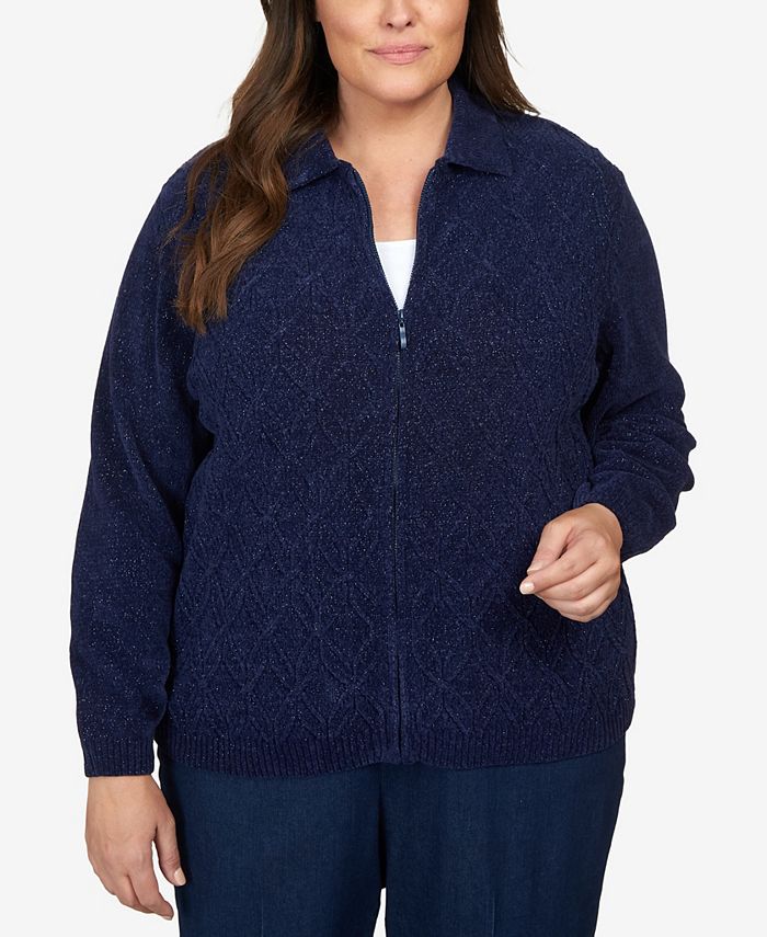 Alfred Dunner Plus Size Classics Chenille Zip Front Cardigan Sweater ...