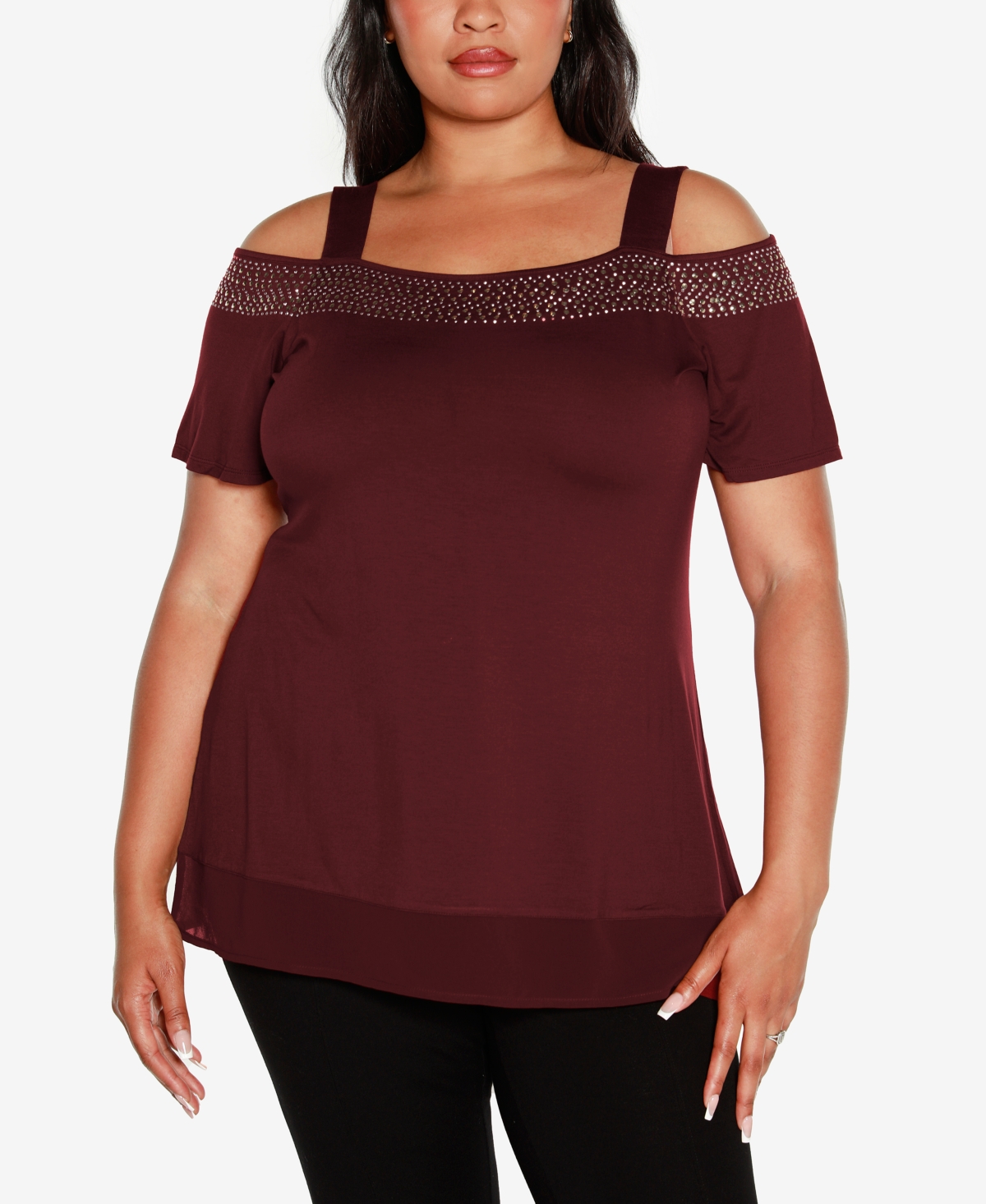 Click here for Belldini Plus Size Cold-Shoulder Top - Black Cherr... prices