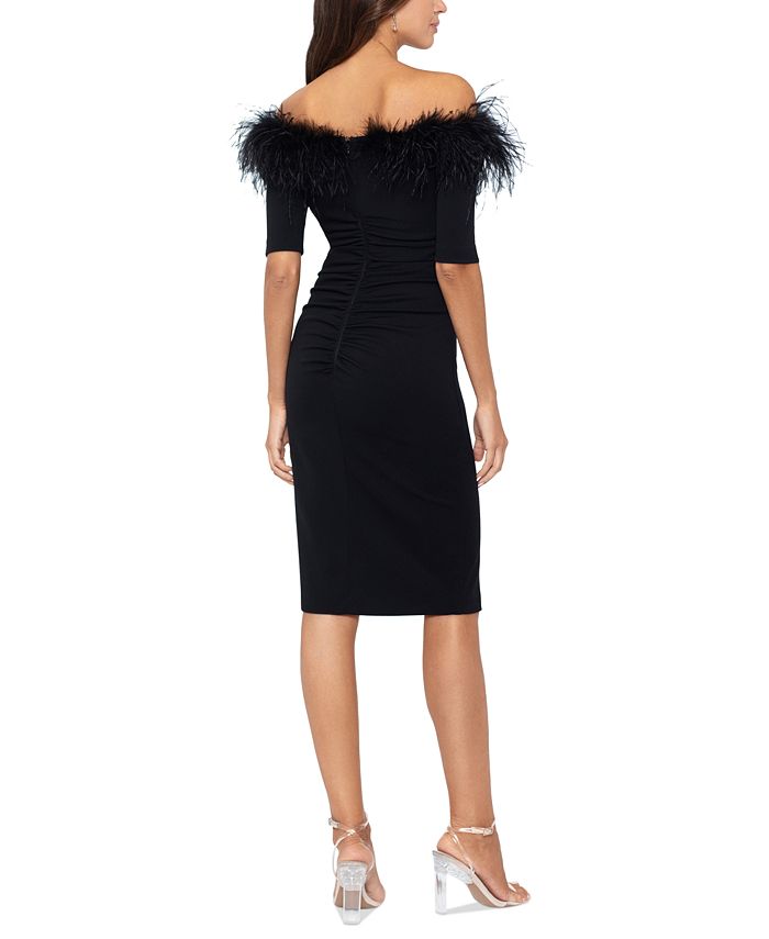 XSCAPE Women's Feather-Trim Off-The-Shoulder Scuba Crepe Dress - Macy's